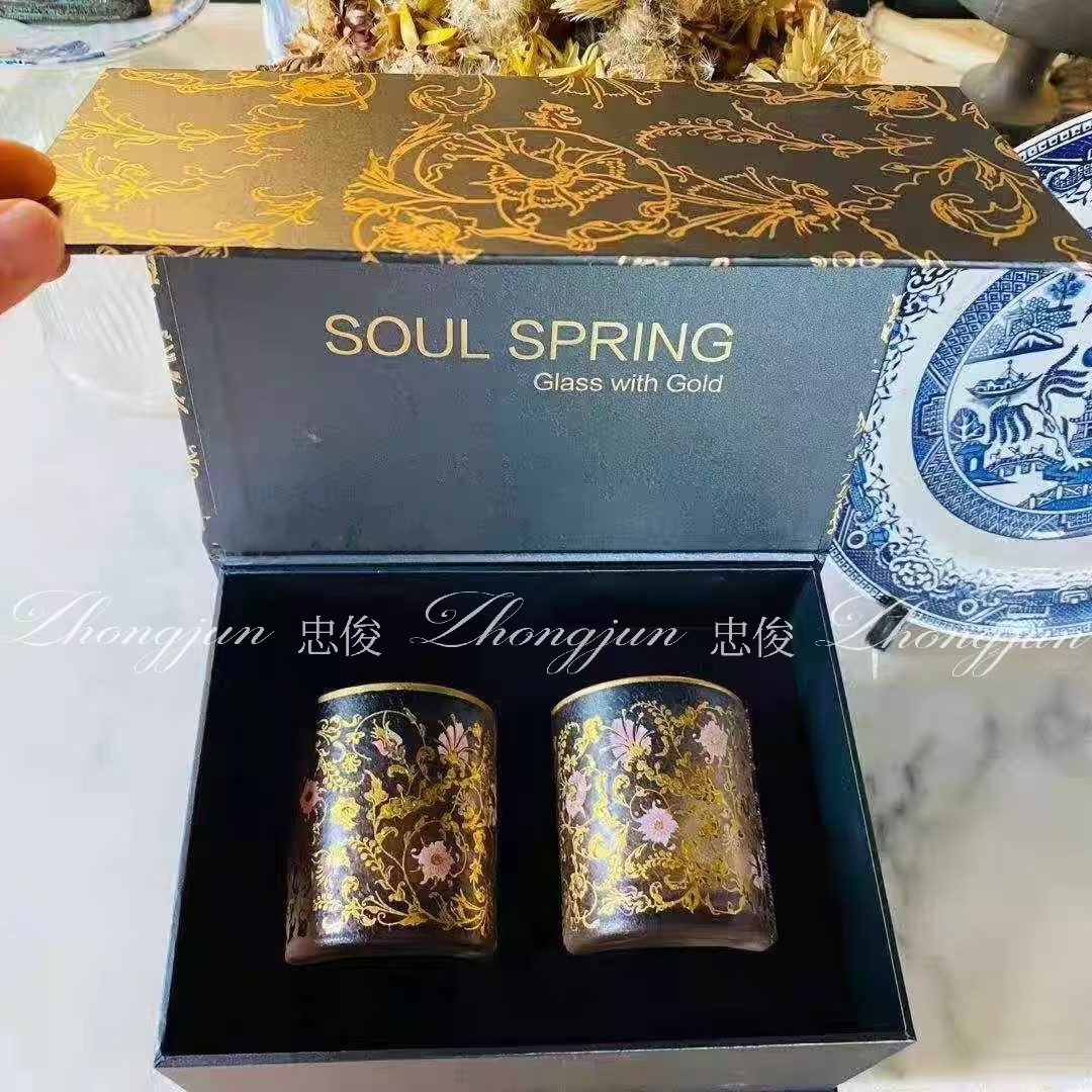 忠俊 日式 蔓藤箩绮金箔雪花磨砂 手工玻璃水杯 威士忌酒杯 烛杯