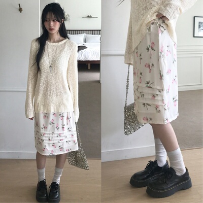 韩国小众复古优雅温柔气质碎花压褶设计感侧系带半身裙女