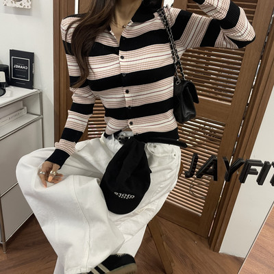 韩国东大门春季新款清新减龄撞色条纹翻领显瘦针织开衫女