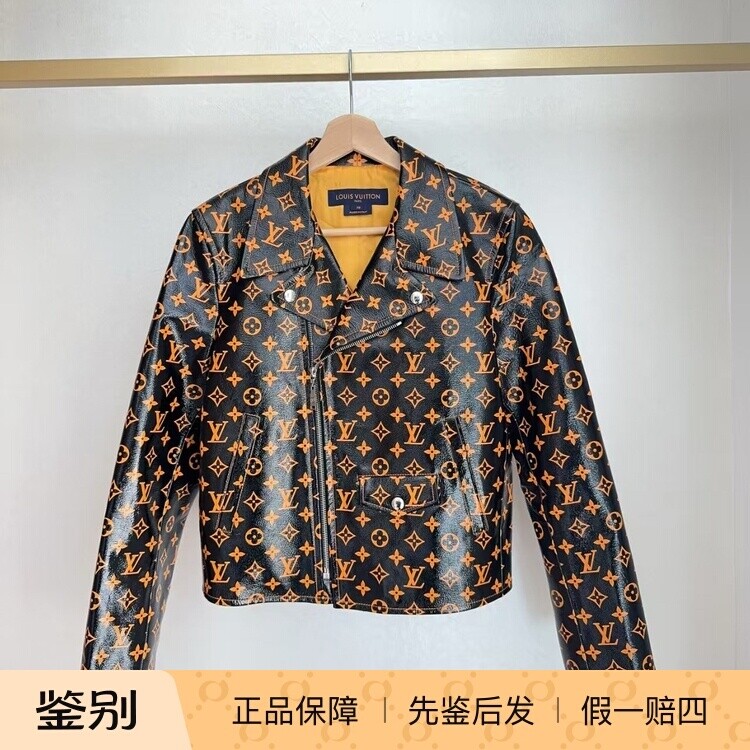 99新 LV 路易威登 女士 老花 满印 翻领 长袖 皮衣外套38码短外套