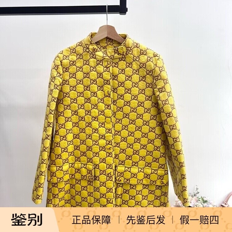 99新 Gucci 黄色 满logo 大衣 毛呢外套长袖时尚气质休闲印花女装
