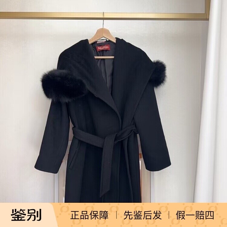 99新 Maxmara 黑色 狐狸毛领 大衣 F36码毛呢外套长袖腰带翻领