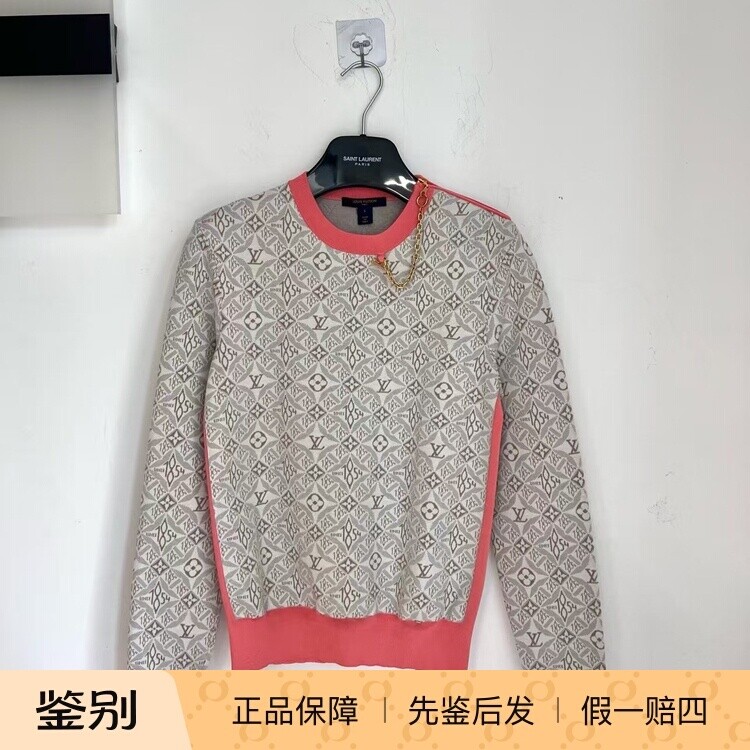 99新 LV 提花 针织 上衣 s码长袖毛针织衫圆领套头休闲撞色拼接