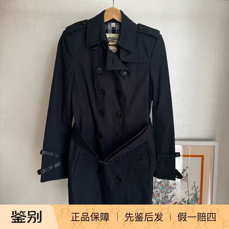 98新 Burberry 藏蓝色 双排扣 长款 风衣 uk6码长袖腰带翻领外套