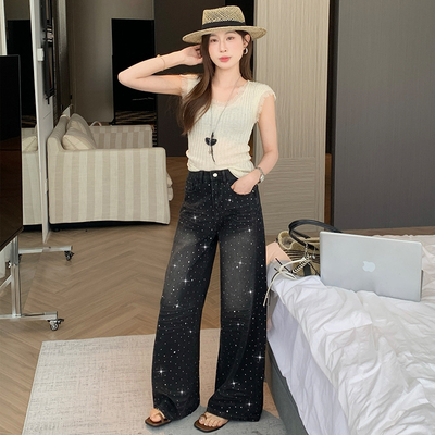 Mike&黑灰色牛仔直筒裤女2026春季新款设计感美式复古阔腿拖地裤