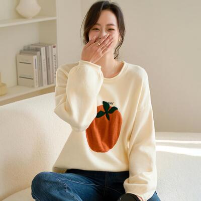 圆领灯笼袖针织提花西红柿毛衣