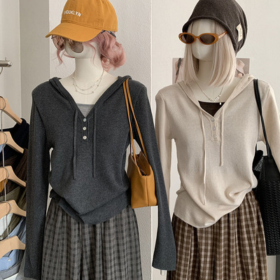韩系连帽假两件修身针织打底衫