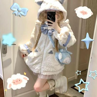 可爱蝴蝶结毛茸茸连帽外套女2024冬季新款毛茸茸宽松加绒加厚棉服