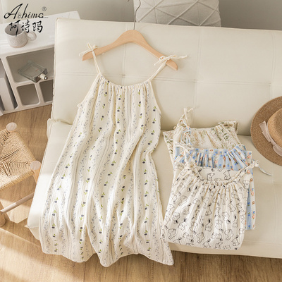 吊带睡裙女夏季薄款日系田园碎花纯棉纱布小个子连身睡裙可外穿