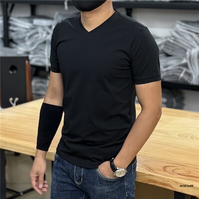 夏季新款V领短袖t恤男时尚透气凉爽男士纯色上衣半袖打底衫T恤