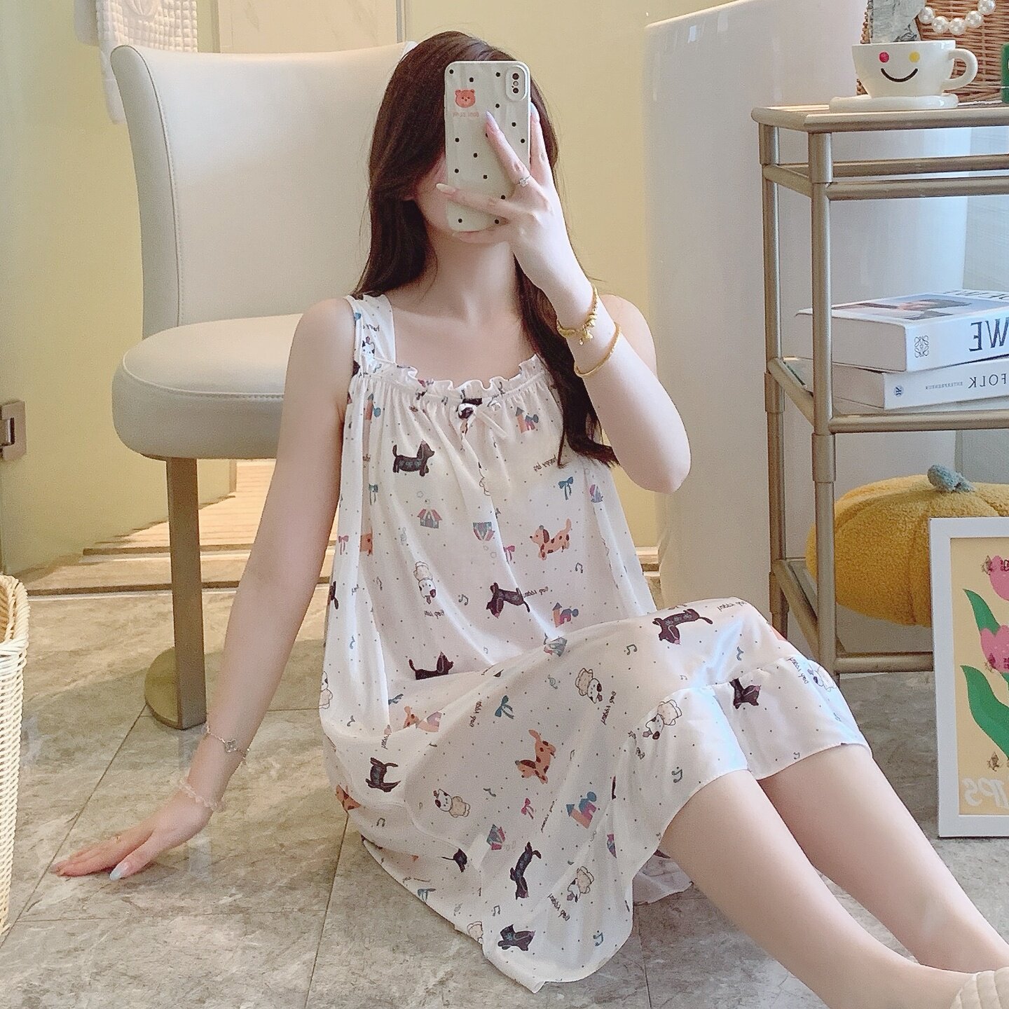 性感冰丝睡裙女夏季卡通背心裙轻薄凉快宽松中长裙睡衣家居服可爱