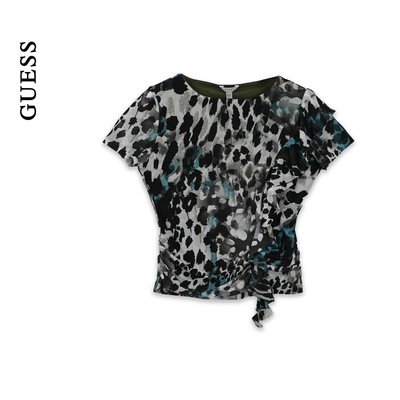 GUESS25年新款早秋女士圆领豹纹印花抽绳短袖T恤-W5YP08KCZC2