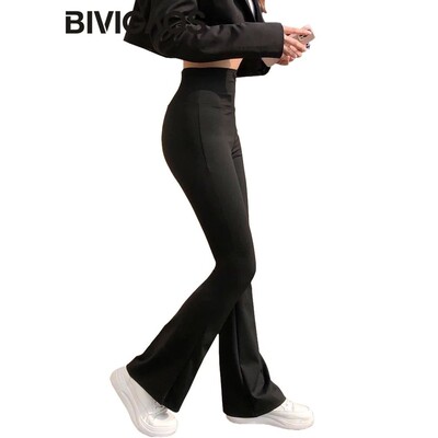 BIVIGAOS Women Shark Flared Pants Black Elastic Slim High Wa
