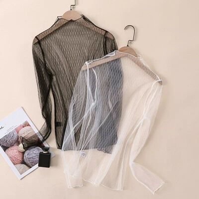 Women Sexy Mesh See Through T Shirt  Long Sleeve Hollow Out
