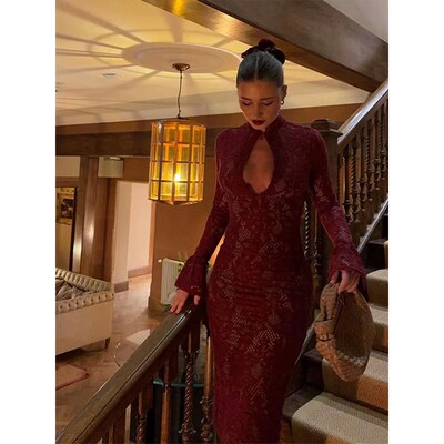 Sexy Lace Hollow Out Women Dress Elegant Long Flare Sleeve S