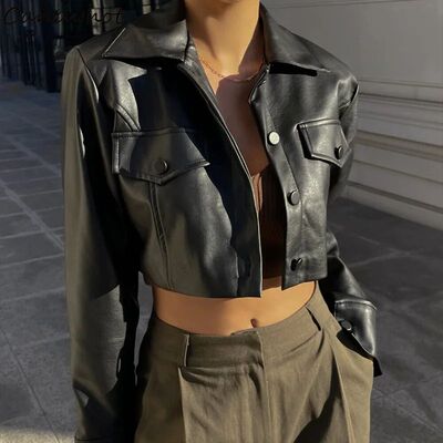 Candyhot Autumn Faux Leather Short Jacket Y2K Turn-down Coll
