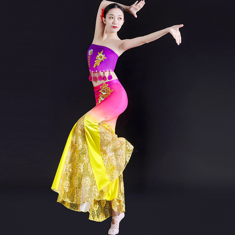 傣族舞蹈服 女儿花 练功成人孔雀舞艺考表演服鱼尾裙傣族彩云之南