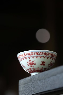 见欢集手绘柴窑青花釉里红宝相如意八宝鸡心杯复古中国风陶瓷茶碗