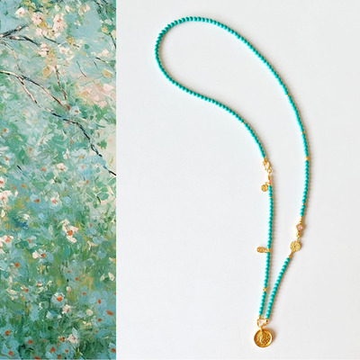 绿松石长款项链女串珠国风毛衣链万能链可拆卸黄财神吊坠多用挂绳