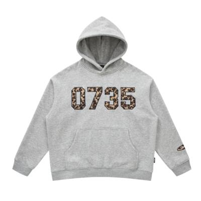 豹纹贴布加绒刺绣连帽卫衣