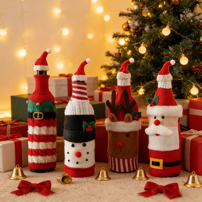 圣诞节christmas装饰品针织红酒瓶套摆件餐厅桌面场景氛围感布置