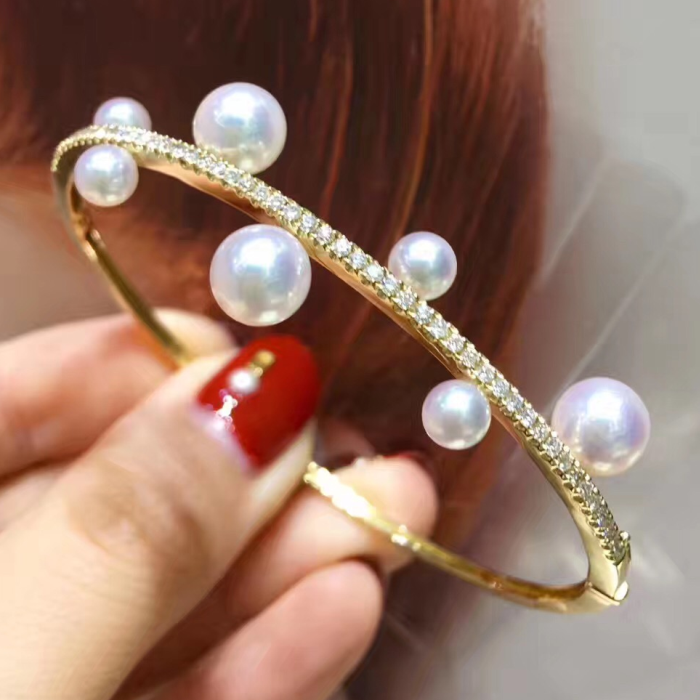 新款18k金钻石7-8mm天然日本AKOYA海水珍珠手饰手镯包邮_虎窝淘