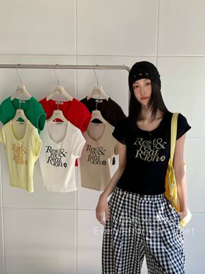 元熙7092韩系春夏收腰修身显瘦U领短袖T恤女设计感正肩小飞袖上衣