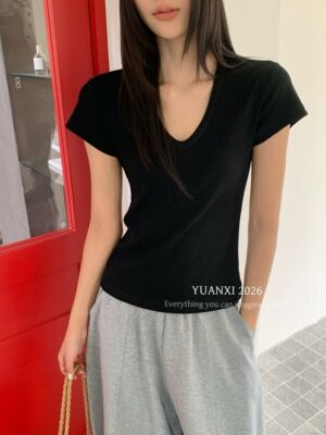 元熙家6071-1春夏简约修身显瘦v领纸皮人短袖T恤女收腰正肩上衣