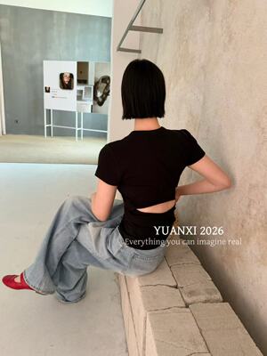 元熙7060夏新款简约设计感露腰修身显瘦圆领短袖T恤 女设计感上衣