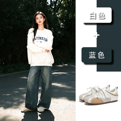 明星同款新款真皮德训鞋女2026秋季百搭平底运动鞋舒适蝴蝶结单鞋