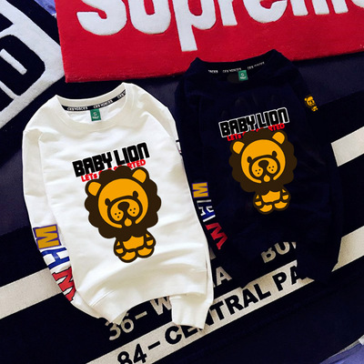 包邮2024秋冬卡通狮子印花套头长袖圆领加绒卫衣男女情侣装港风潮