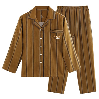 浣熊刺绣印花条纹双层纱100棉家居服套装春秋新款长袖长裤套装