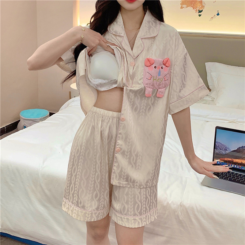 带胸垫一体式冰丝绸凉感夏季睡衣女士卡通可爱大码短袖家居服套装