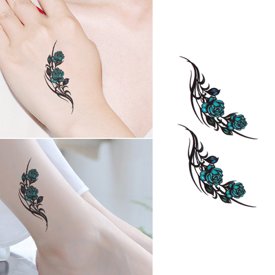 小蓝色玫瑰花纹身贴 防水女持久手臂锁骨脚踝一次性遮疤刺青纹身