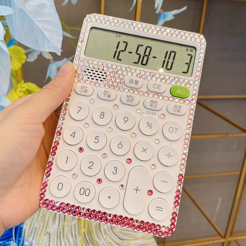 女神款高颜值镶钻计算器可爱少女心糖果色语音计算机财务会计专用_虎窝淘