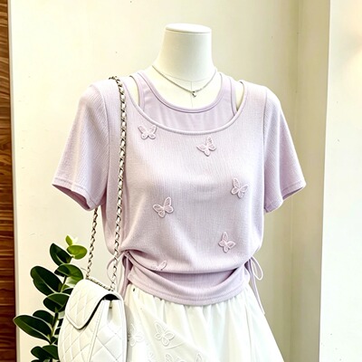 紫色拼接假两件短袖t恤女2026夏新款不规则抽绳修身蝴蝶粘花上衣