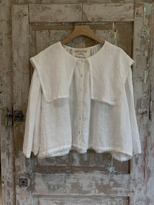 现货Jammer复古文艺时尚休闲亚麻白色娃娃领大领子长袖短款衬衫