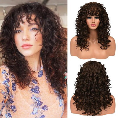 Curly Wig with Bangs for Women Long 16Inch Kinky Wigs with