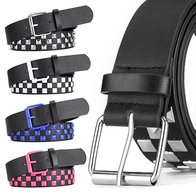 New Personalised Rivets Checkerboard PU Leather Belt 107CM