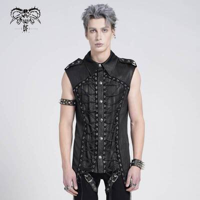 Devil Fashion恶魔时尚哥特暗黑男装翻领系绳马甲无袖衬衫SHT134