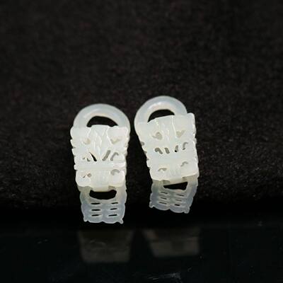 一对和田白玉复古缕空雕花花篮
