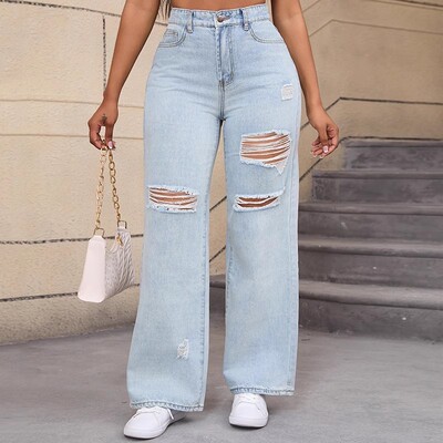 2024高质量气质破洞阔腿裤牛仔裤女 women loose jeans trousers