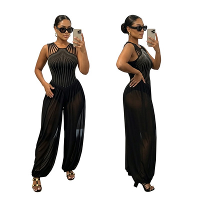 欧美性感挂脖烫钻透视网纱修身无袖连体裤 women jumpsuit pants