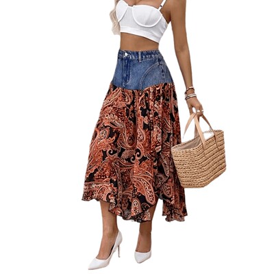 2026欧美印花雪纺拼接牛仔半身裙高腰 women jeans skirt dress