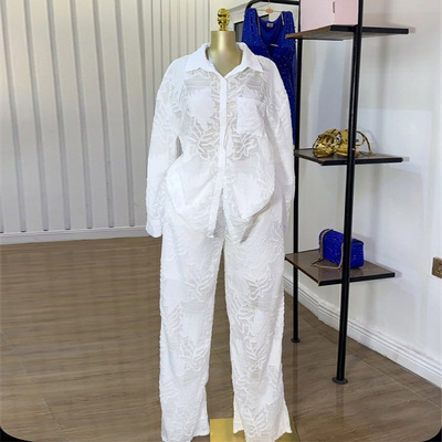 women shirt+pants set 欧美2025甜美清新翻领贴袋衬衫高腰直筒裤