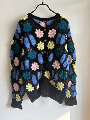 日本中古vintage复古提花重磅手工编织镂空钩花针织开衫毛衣外套