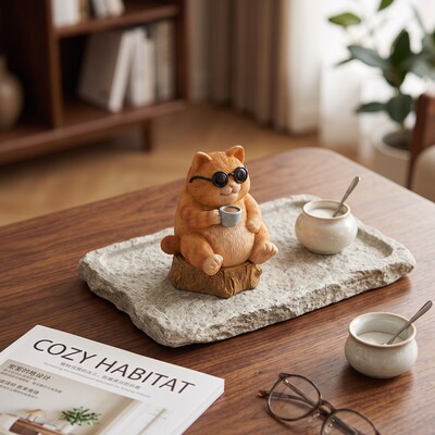 复古猫持杯树桩桌面摆件
