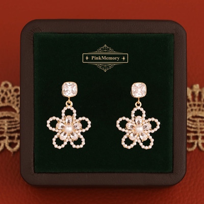 巴黎Pink Memory设计师法式满钻珍珠花朵耳钉轻奢女古风配饰耳环