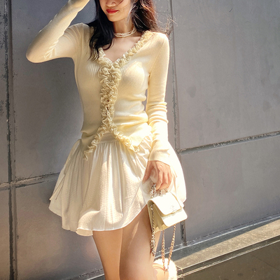 V领长袖针织衫单排扣修身打底衫