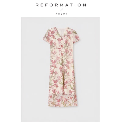 【现货】About Reformation褶皱天丝茶歇连衣裙法式V领收腰鸢尾花